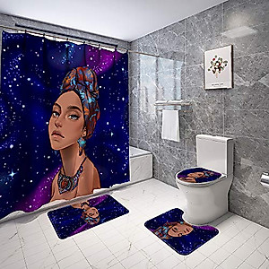 Classic African Black Women Bathroom Shower Curtain Sets with Rugs(Large), Purple Hair Black Girl Shower Accessories and Bathroom Decor, 4 pcs Set - 1 Shower Curtain & 3 Toilet Mat and Lid Cover