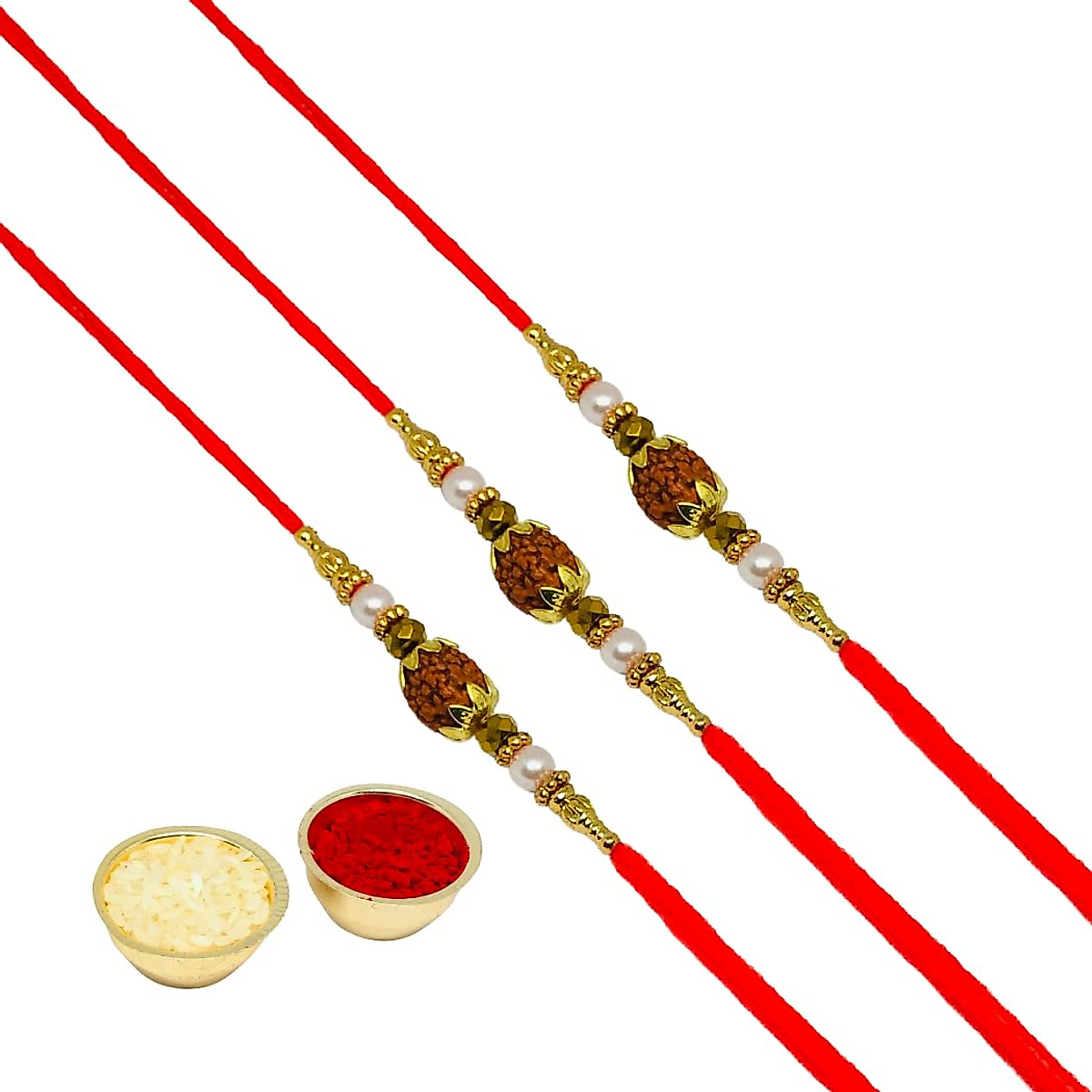 KHANDEKAR Set of 3 Pc Single Rudraksha Rakhi for Brother Bhaiya Bhabhi Traditional Handmade Premium Quality Designer Rakhi Set with Roli Chawal, Rakhi Thread Rakhdi Bracelets