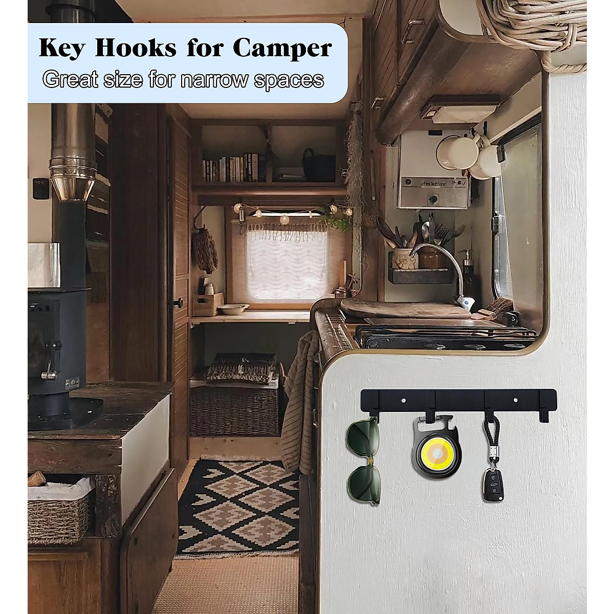 ADAMUMU Key Holder Hanging Utensil Holder with 4 Hooks Black Versatile Kitchen Rail Efficiently Organize Kitchen Towels Utensils and Small Cookware to Maximize Space