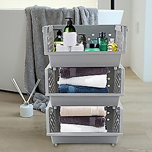 Easymanie 3 Pack Plastic Stackable Baskets, Open Front Stacking Storage Bins