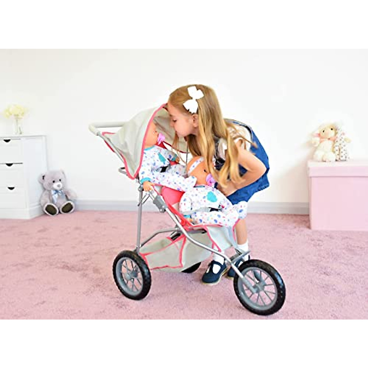 KOOKAMUNGA KIDS Baby Doll Stroller Deluxe Double | Foldable Twin Jog Pram | Retractable Canopy | Premium Pink & Gray Fabric | Soft Grip Handle | Storage Basket Underneath