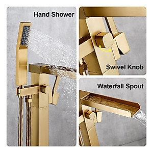 BAGNOLUX Bathtub Faucet Tub Filler Floor Mount Bathroom Faucets Brass Single Handle with Hand Shower (Waterfall Style B, Brushed Brass)