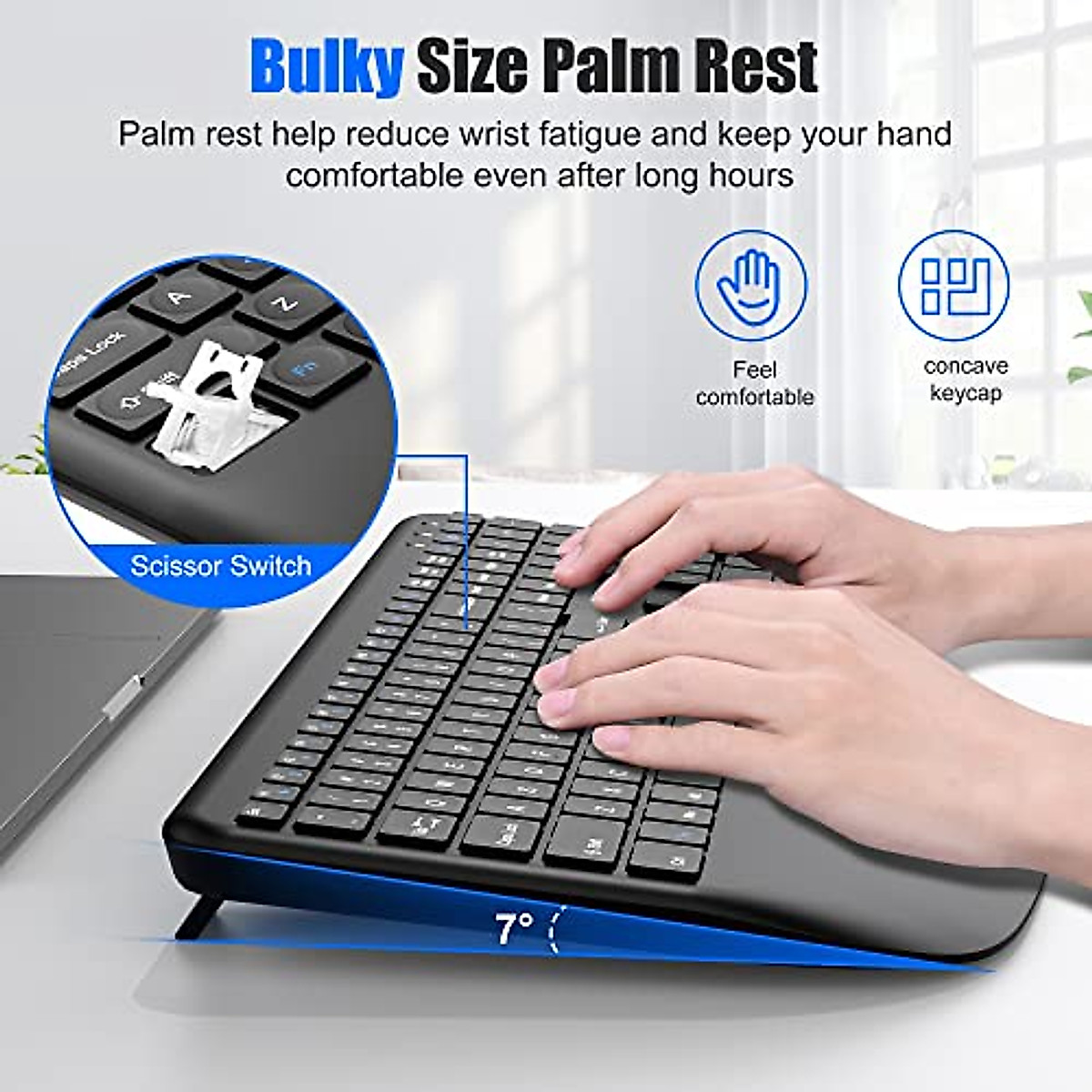 Ergonomic Wireless Keyboard and Mouse, 2.4G Rechargeable Full Size Keyboard Mouse Set with Wrist Support Mouse Pad , Multi-Device, Windows/Mac/Android(Black)