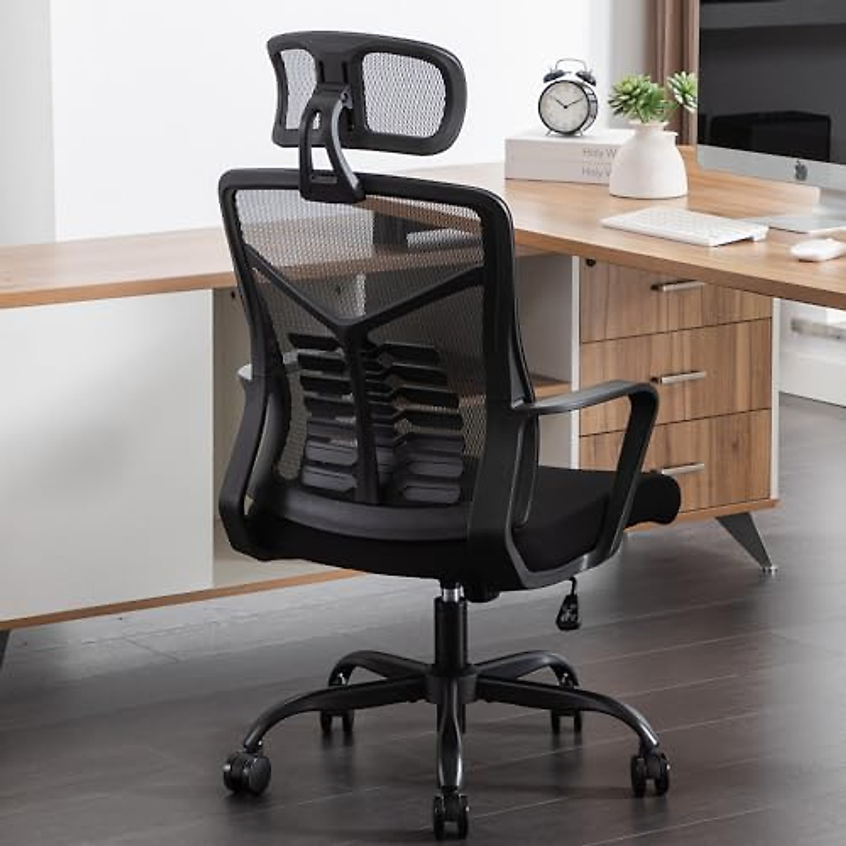 EnjoySeating Office Chair, Adjustable Desk Chair, Rebound Seat Cushion, 2D Big Curved Headrest, Breathable Mesh High Back, Comfortable Lumbar Support, Rocking Relaxation Function, Black