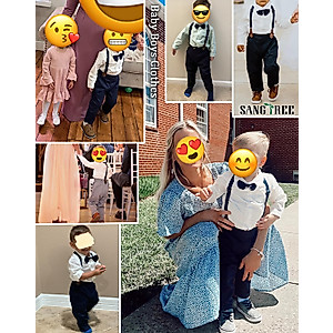 SANGTREE Baby Boys Dress Clothes, Toddlers Boys Long Sleeves Button Down Dress Shirt with Bowtie + Suspender Pants Set Gentlemen Outfit, 1# White, 18-24 Months