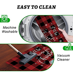 LooPoP Kitchen Rugs and Mats Sets of 2 Christmas Non-Slip Rubber Backing Area Rugs Washable Runner Carpets for Floor, Kitchen Truck Tree Snowflake Red Blank Lattice 15.7x23.6+15.7x47.2inch