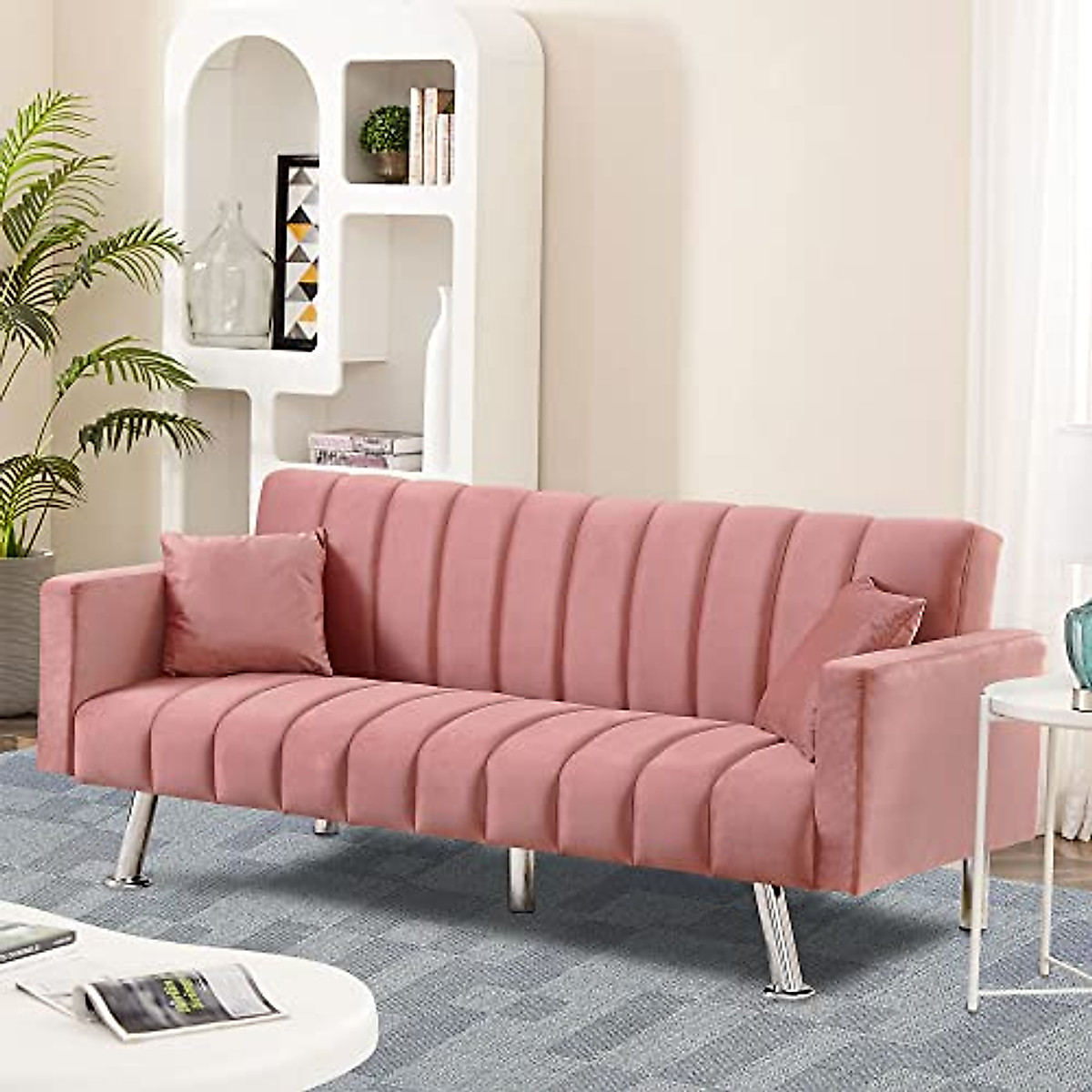 Lamerge Sofa Bed, Modern Convertible Sleeper Sofa Bed with 2 Pillows, Wooden Frame and Metal Legs, Small Folding Sofa Couch for Living Room, Bedroom, Compact Spaces - Pink
