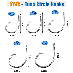 Tuna Circle Hooks Saltwater, Stainless Steel in-Line Circle Hooks 2X Strong Short Shank Big Game Hooks for Swordfish Bass Tuna Size 8/0-28/0