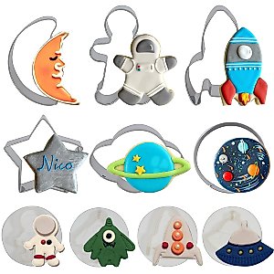Space Cookie Cutters, Outer Space Fondant Stamper Set, Spaceship Astronaut Rocket Moon Star Planet Circle Pastry Biscuit Cake Baking Mold for Party Supplies