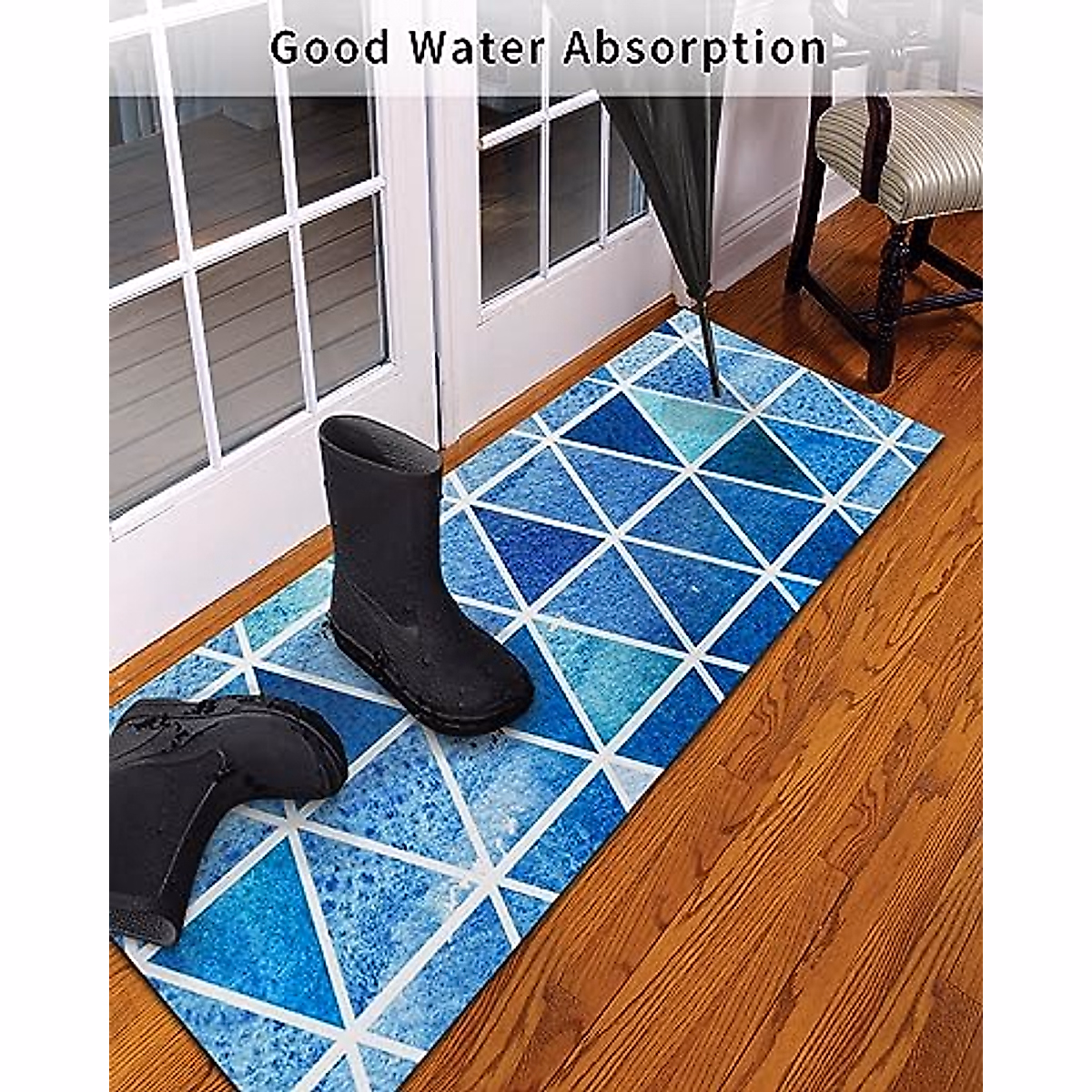 Welcome Mats, Blue Triangle Tile Pattern Door Mat, Non-Slip Absorbent Large 18x47 Inch Outdoor Indoor Mat Low-Profile Floor Mat Doormat for Entryway/Patio/Garage