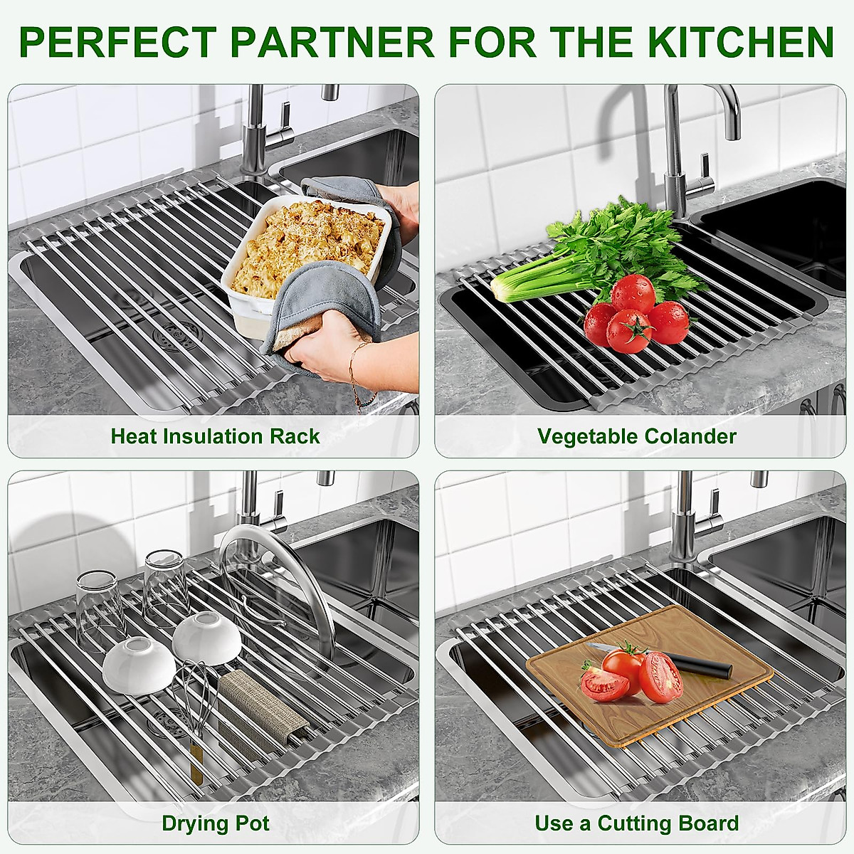 Sindax Roll Up Dish Drying Rack, 23‘’x13'' Stretchable Stainless Steel Over The Sink Dish Rack Multifunctional Foldable Over Sink Rack with Utensil Holder for Kitchen