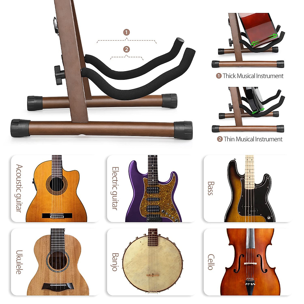 Wooden Guitar Stand, Acoustic Guitar Stand, Electric Guitar Stand, Guitar Stand Floor for Ukulele/Cello/Mandolin/Banjo Stand with Guitar Picks Holder