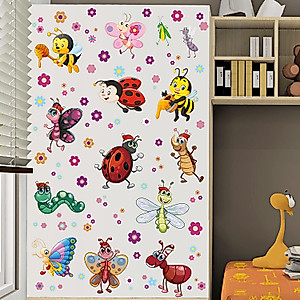 Cartoon Insect Wall Sticker DIY Removable Little Bee Flower Butterfly Ant Snake Ladybug Dragonfly Praying Mantis Peel and Stick Wall Decal Decor for Kids Baby Boys Bedroom Playroom Nursery Classroom