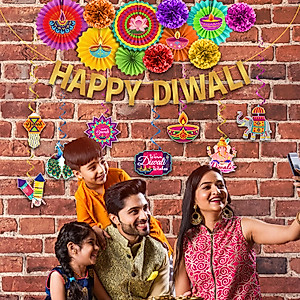 Diwali Decorations Happy Diwali Banner for Home Hanging Paper Fan with Swirls Indian Themed Party Supplies Festival of Lights Party Decor
