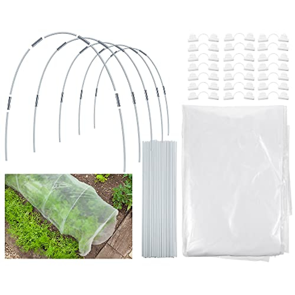 Garden Hoops Kits for Raised Beds Include 50 Pcs of Greenhouse Hoops with 49 x 8 ft Clear Greenhouse Plastic Sheeting Film and 20 Clips Frame for Grow Tunnel Mini Greenhouse or Garden