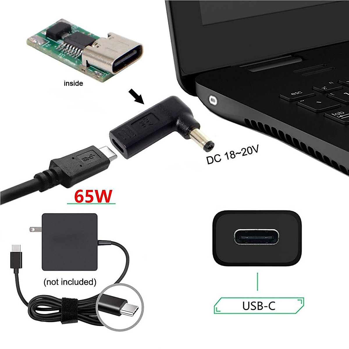 chenyang CY USB 3.1 Type C USB-C to Rectangle DC Plug 5.5mmx2.1mm Adapter PD Emulator Trigger 90 Degree Angled for Laptop Tablet (5.5x2.1MM)