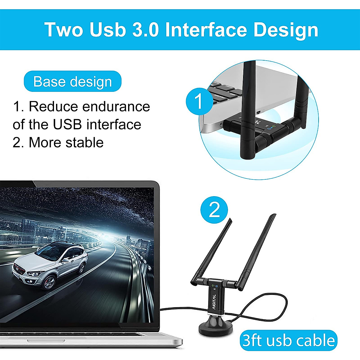 1200Mbps USB WiFi Adapter Wireless Network Adapter for Laptop/Computer/Notebook with Extension Cable and Base, Compatible with Windows 11/10/8/7/XP & Mac OS X