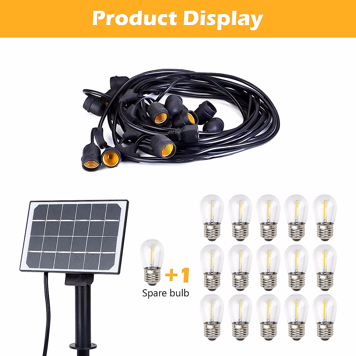 ANBRITE LED Outdoor Garden String Lights Solar Powered, 48FT Hanging 15+1 LED Edison Bulbs E27 Sockets Indoor/Outdoor Festoon Lighting for Party, Wedding Warm White Commercial Grade Connectable