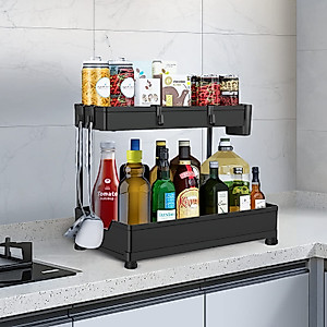 Verdenu Under Sink Organizer and Storage, 2-Tier Pull Out Organizer with Sliding Drawer, Cabinet Organizer with Extra 4 Hooks and 1 Hanging Cup for Under Kitchen Sink, Bathroom, Office