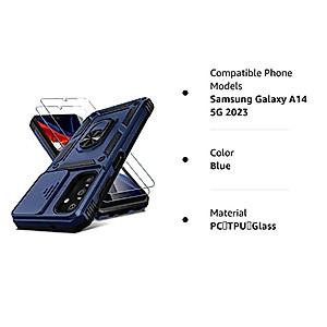 Janmitta Samsung Galaxy A14 5G Case Built in Slide Camera Lens Cover and Screen Protector,Heavy Duty Shockproof Full Body Protective Phone Cover,Built in Finger Ring Stable Holder Kickstand,2023 Blue