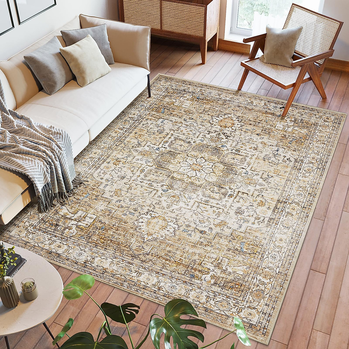 Area Rug 9x12 Living Room: Soft Large Washable Rugs with Non-Slip Rubber Backing Stain Resistant Modern Indoor Boho Vintage Carpet for Bedroom Dining Nursery Room Home Office (Beige/Brown)