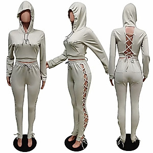 Track Suits for Women Lace Up Hoodie Crop Top and Bandage Long Pants Sets Two Piece Outfits Matching Jumpsuit Party Grey Small