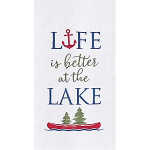 3 Lake House Theme Embroidered Kitchen Towel Set-Waffle Flour-Hand Towels w Lake Rules, Paddles Anchor-Outdoor Camping Boating Dish Cloths
