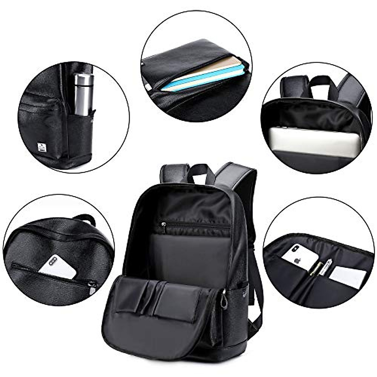 weiatas Black Leather Laptop Backpack for Men Women School College Bookbag for Student Computer Rucksack for Work Fits 15.6 Inch Laptop