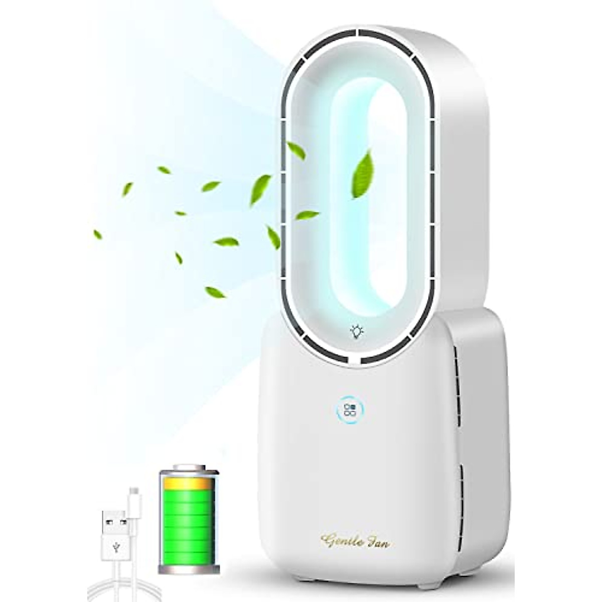 Misby Desk Fan, Portable Bladeless Fan 11.8 inch Personal Cooling Fan with 4 Speeds, Leafless 5 Colors LED Lights Touch Control Small Quiet Table Fans For Home, Bedroom, Office(White)