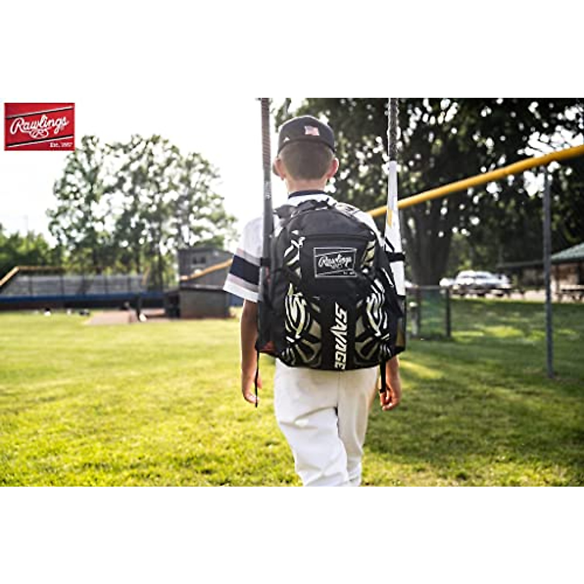 Rawlings Savage Youth Baseball Bag - Kids Bat Bag – Durable Baseball Backpack – Holds Two Bats – Includes Hook to Hang on Fence - Black/Royal