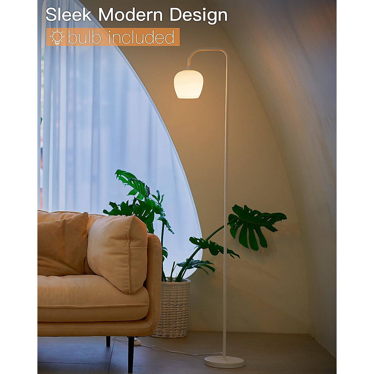 ONEWISH White Floor Lamp-Modern Standing Lamp for Living Room Bedroom, Opal Glass Lamp Shade, LED Bulb Included, for Reading Office, Simple Design Home Decor for Christmas Thanksgiving Day