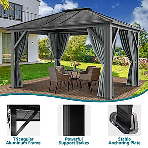 Raysfung 10' x 12' Hardtop Gazebo, Galvanized Steel Roof Gazebo with Netting and Curtains, Outdoor Permanent Pavilion for Patio, Garden, Backyard