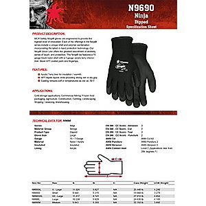 MCR Safety N9690S Ninja Ice 15 Gauge Black Nylon Cold Weather Glove, Acrylic Terry Inner, HPT Palm and Fingertips, Small, 1 Pair