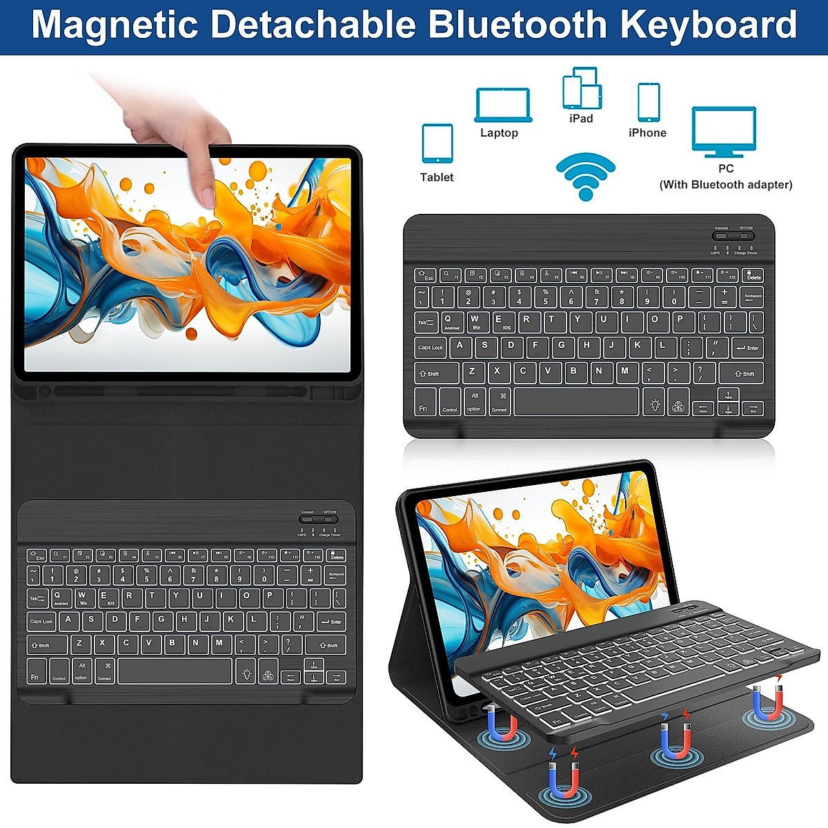 YEHOBU Galaxy Tab S8+/S7 FE 2021/S7 Plus 2020 Case, Detachable Bluetooth Backlit 12.4" Keyboard Protective Cover with S Pen Holder, Black(Tab Not Included)