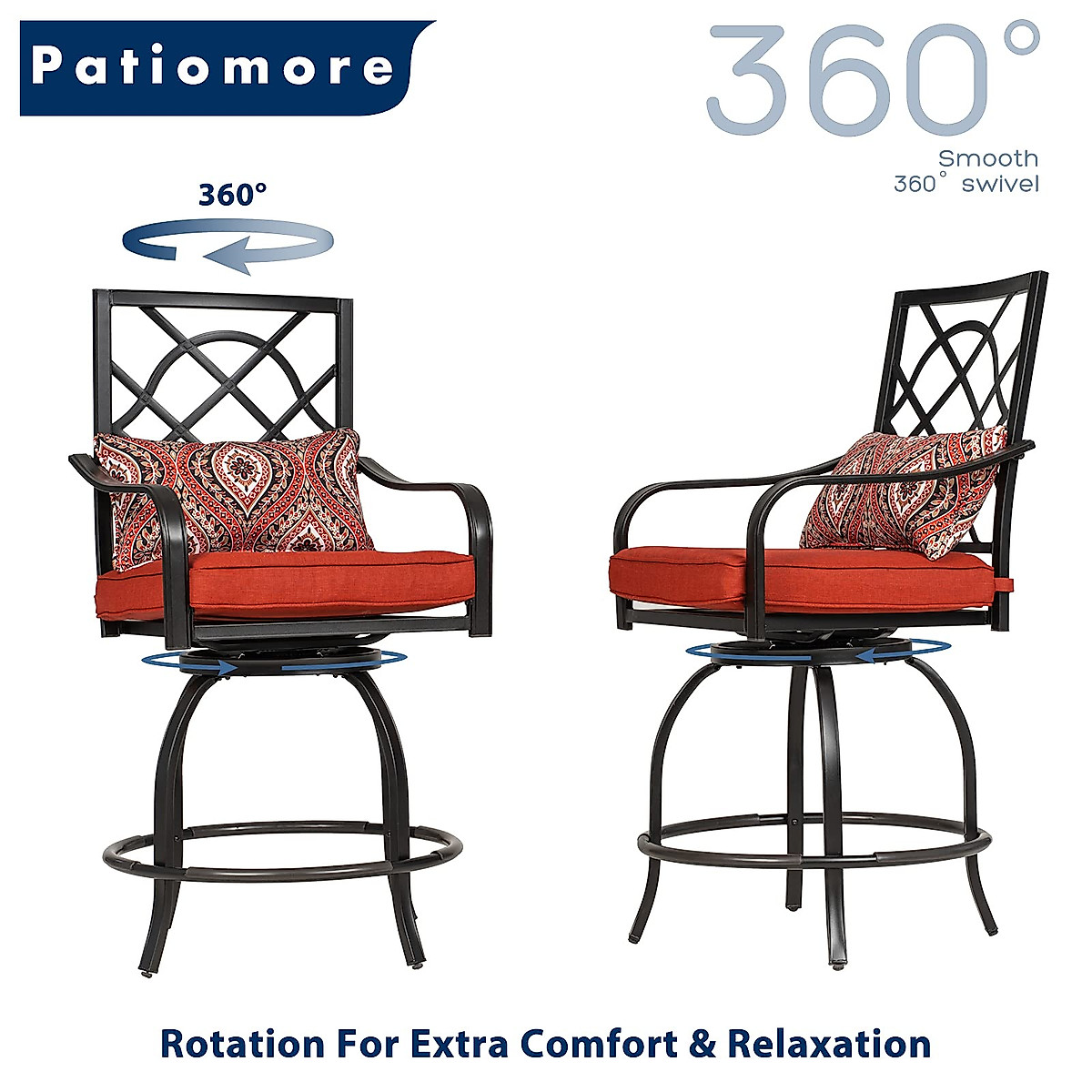 Patiomore Patio Swivel Bar Stools, Outdoor Bar Height Bistro Chairs Set of 2, Metal Iron Frame with Seat Cushions, Red