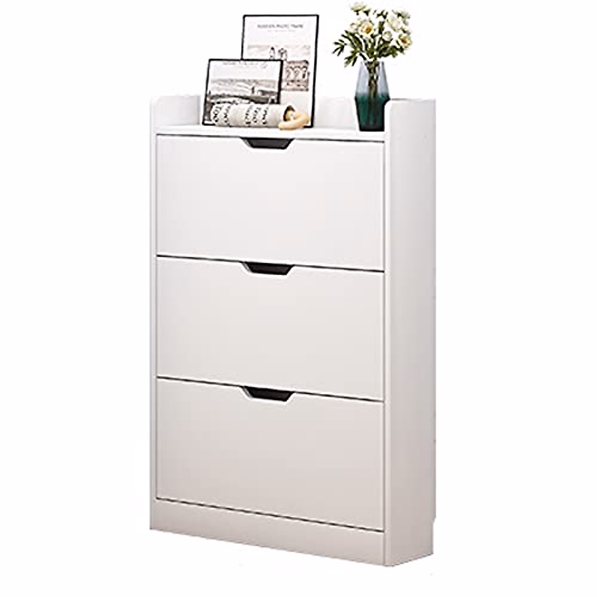 MYSNKU Shoe Cabinet Entryway White Narrow Shoe Storage Cabinet Flip Down Shoe Rack Wood 3 Tier Shoe Organizer Home and Apartment (White, 19.68x45.66)