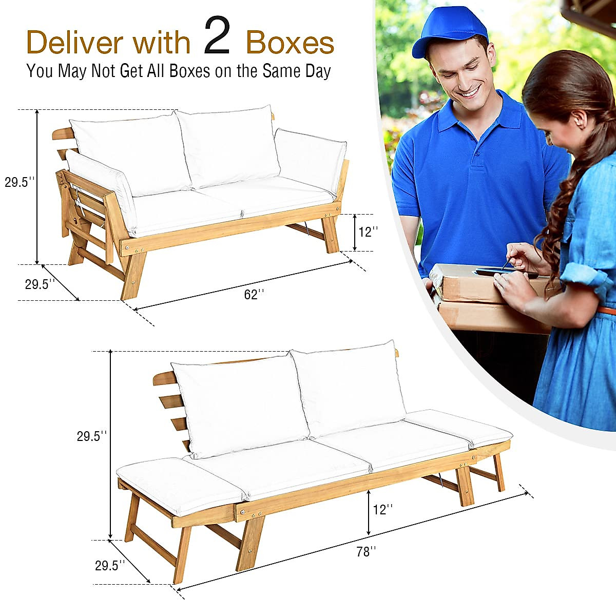 Tangkula Acacia Wood Patio Convertible Couch Sofa Bed with Adjustable Armrest, Outdoor Daybed with Cushion & Pillow, Folding Chaise Lounge Bench Ideal for Porch Courtyard Poolside (Red)