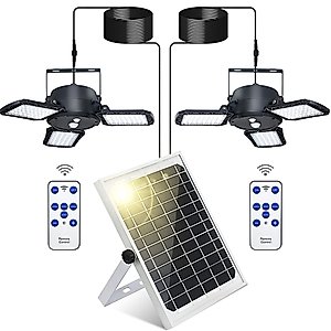 CYHKEE Solar Pendant Lights Outdoor Waterproof 4 Lighting Modes, 800LM Dusk to Dawn LED Dimmable Motion Sensor Hanging Solar Security Lights Remote Control with Pull String for Garden