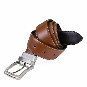 Steve Madden Men's Dress Casual Every Day Leather Belt, Cognac/Black (Feather Edge), 36