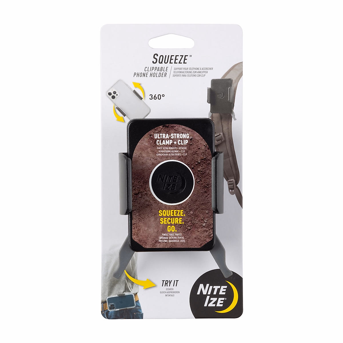 Nite Ize Squeeze Clippable Phone Holder - Cell Phone Accessories with Universal Design - Compatible with iPhones & Samsung Phones - Easy-to-Squeeze Clippable Phone Holder with 360 Rotating Clip