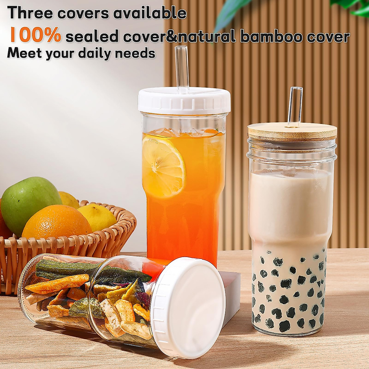 Pint Glasses,Glass Beer Cups Set of 4,16oz Glass Cups with Lids and Straws-Pint Glass Drinking Glasses,Unique Design Iced Coffee Cups with Lids and Straws