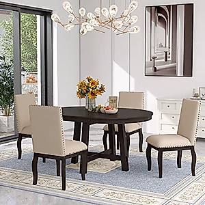 HAUSHECK Modern Round Room Person, Wood Extendable w/X-Shaped Base, Upholstered, Nailhead Curved Back, Farmhouse Kitchen Chairs Home Furniture, Dining Table Set for 4-6, Espresso