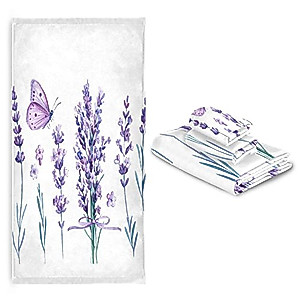 ALAZA Purple Lavender Flower Butterfly Towel Bathroom Sets 3 Piece Bath Towel Sets1 Bath Towel 1 Hand Towel 1 Washcloth Soft Luxury Absorbent Decorative Towels for Beach Gym Spa