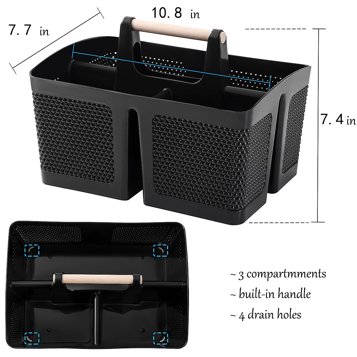 rejomiik Portable Shower Caddy Basket Plastic Cleaning Caddy Organizer Storage Tote with Handle for Bathroom, College, Dorm Room Essentials, Black