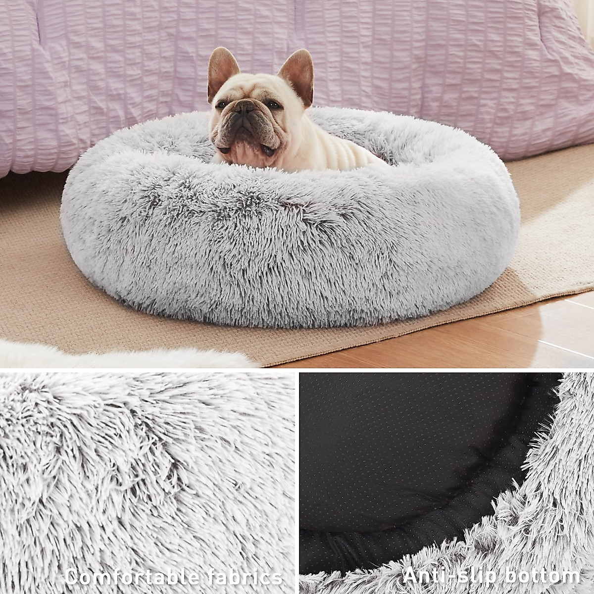 Love's cabin 24in Cat Beds for Indoor Cats - Cat Bed with Machine Washable, Waterproof Bottom - Grey Fluffy Dog and Cat Calming Cushion Bed for Joint-Relief and Sleep Improvement
