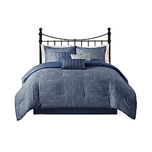 Madison Park Walter Comforter-Luxe Seersucker Print Design All Season Down Alternative Bedding, Matching Shams, Bedskirt, Decorative Pillows, California King (104 in x 92 in), Navy