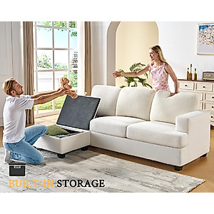 VanAcc 89 Inch L Shape Couch, Reversible L Shape Sofa with Chaise, Convertible Sofa with Storage, L Couches for Living Room, Offwhite Bouclé