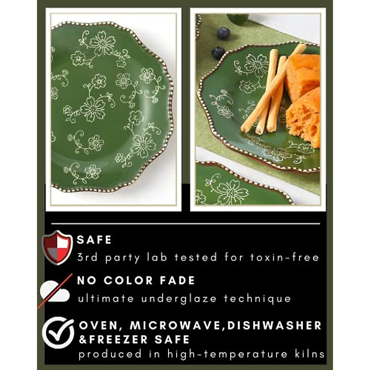 KUNABOO Artisanal Small Ceramic Plates, Salad Plates, Dessert Plates Ceramic Plates Set of 6-7.8” - Sakura Floral Series Pine Green - Ready to Wrap Gift