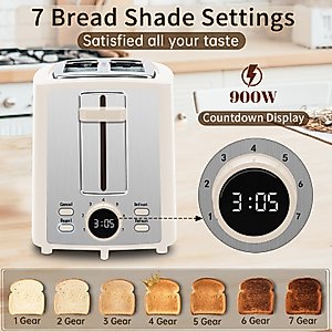 SEEDEEM Toaster 2 Slice, Bread Toaster with LCD Display, 7 Shade Settings, 1.４'' Extra Wide Slots Toaster with Cancel, Bagel, Defrost, Reheat Functions, Removable Crumb Tray, 900W, Cream White