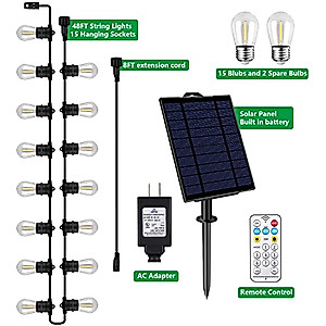 Kasonic Outdoor String Lights, 48 FT + 8 FT Extension Cord, 2 in 1, AC and Solar Powered, 15 Hanging Dimmable Shatterproof Bulbs(+2 Spare Bulbs), Decorative LED Patio Lights